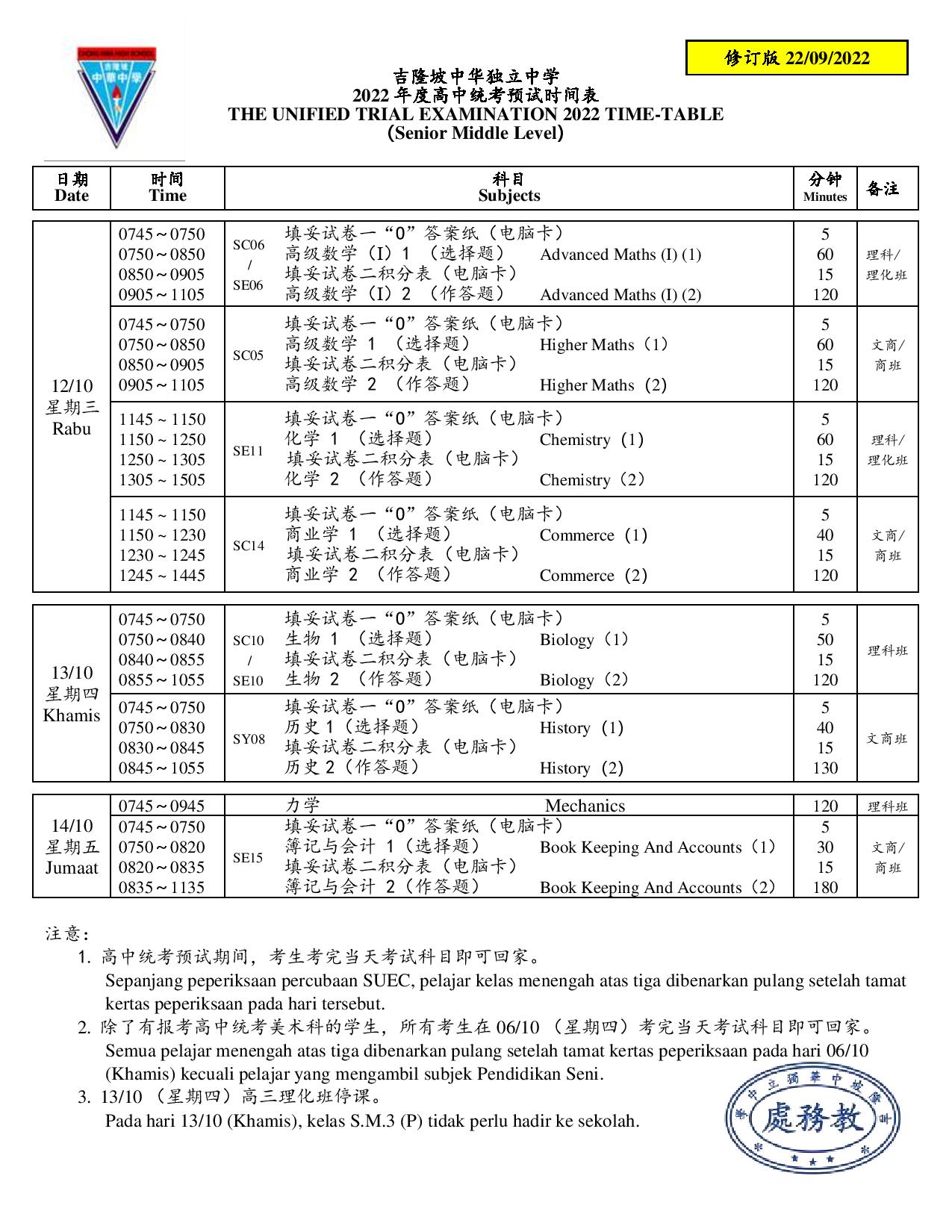 2022 年度高初中统考预试时间表 – 吉隆坡中华独立中学 Chong Hwa Independent High School